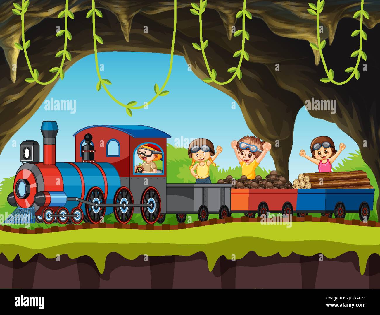 Children riding on train through the cave illustration Stock Vector ...