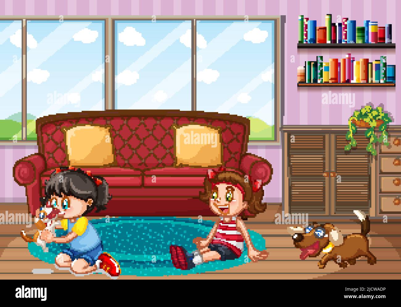 Scene with two girls in living room illustration Stock Vector Image ...