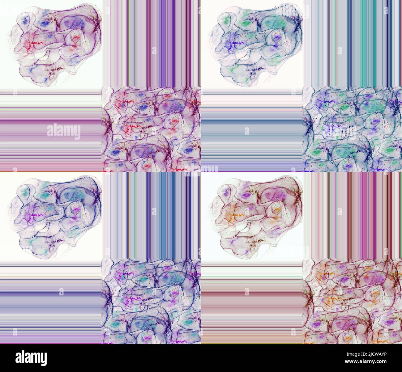 Colored striped squares filled with swirling ink drawings on white ...