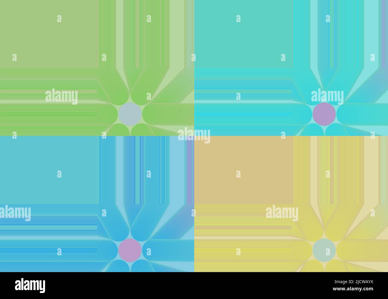 Four squares of pastel colors in a swirling tube design with circle ...