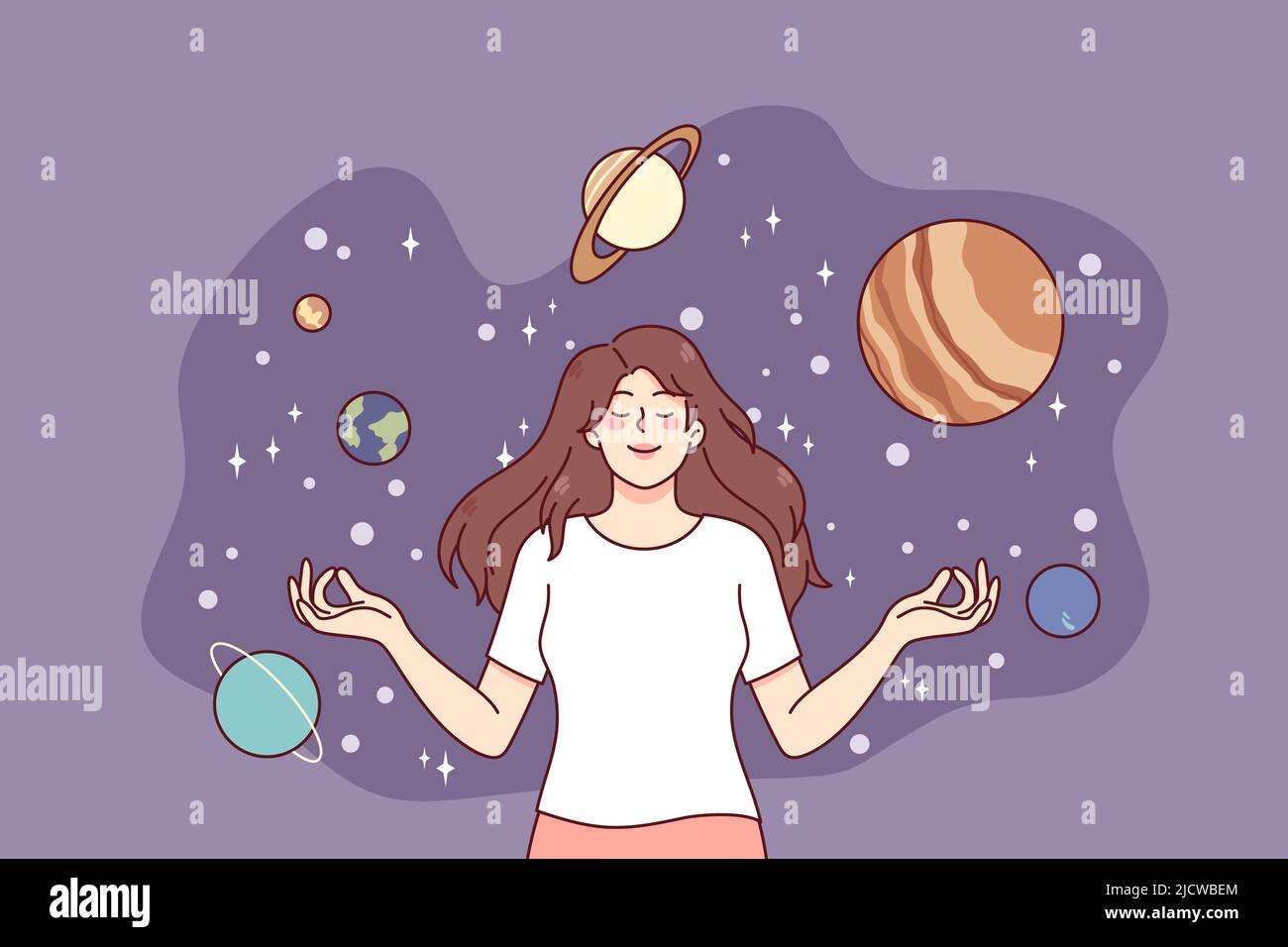 Calm happy girl meditate surrounded by planets. Young woman enjoy ...