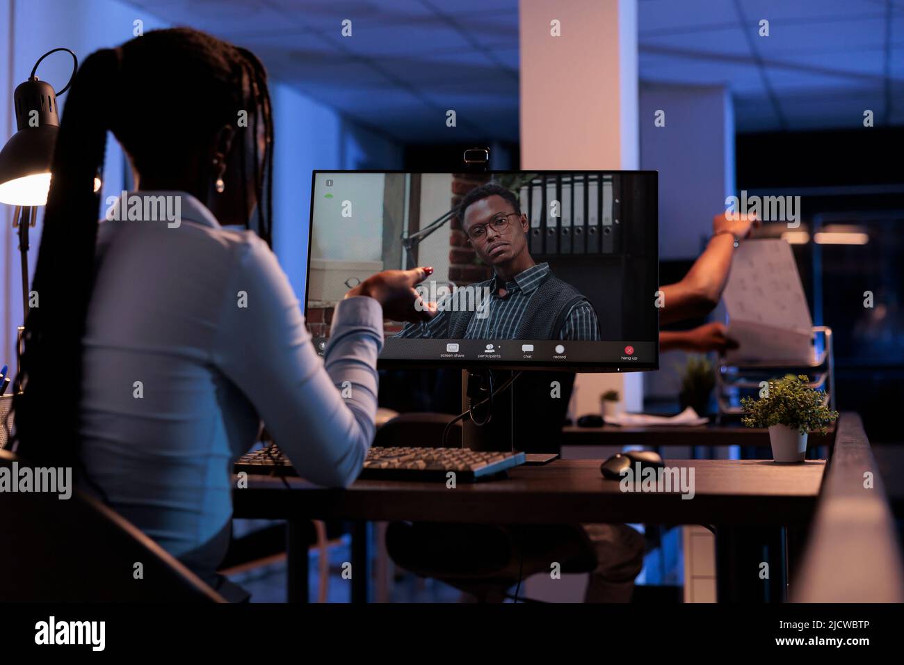 African american woman meeting with man on remote teleconference, using ...