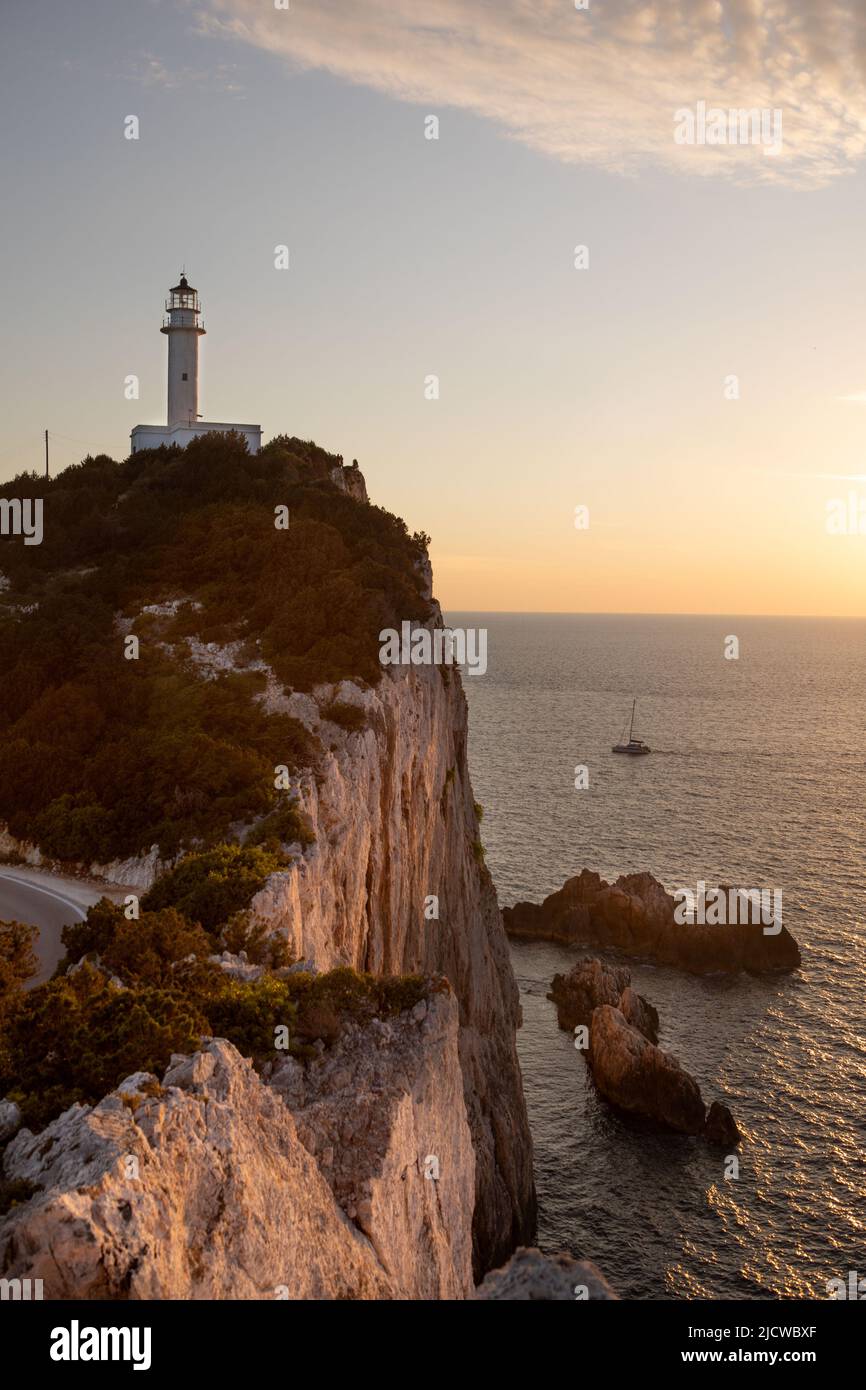 lefkada island lighthouse on the sunset Greece Stock Photo - Alamy