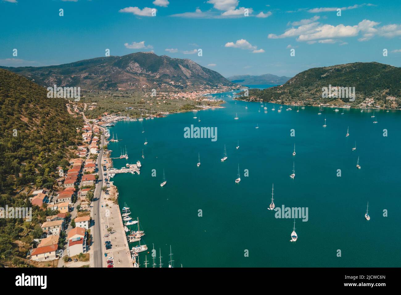 overhead view of harbor with yachts and boats at Lefkada island Greece ...