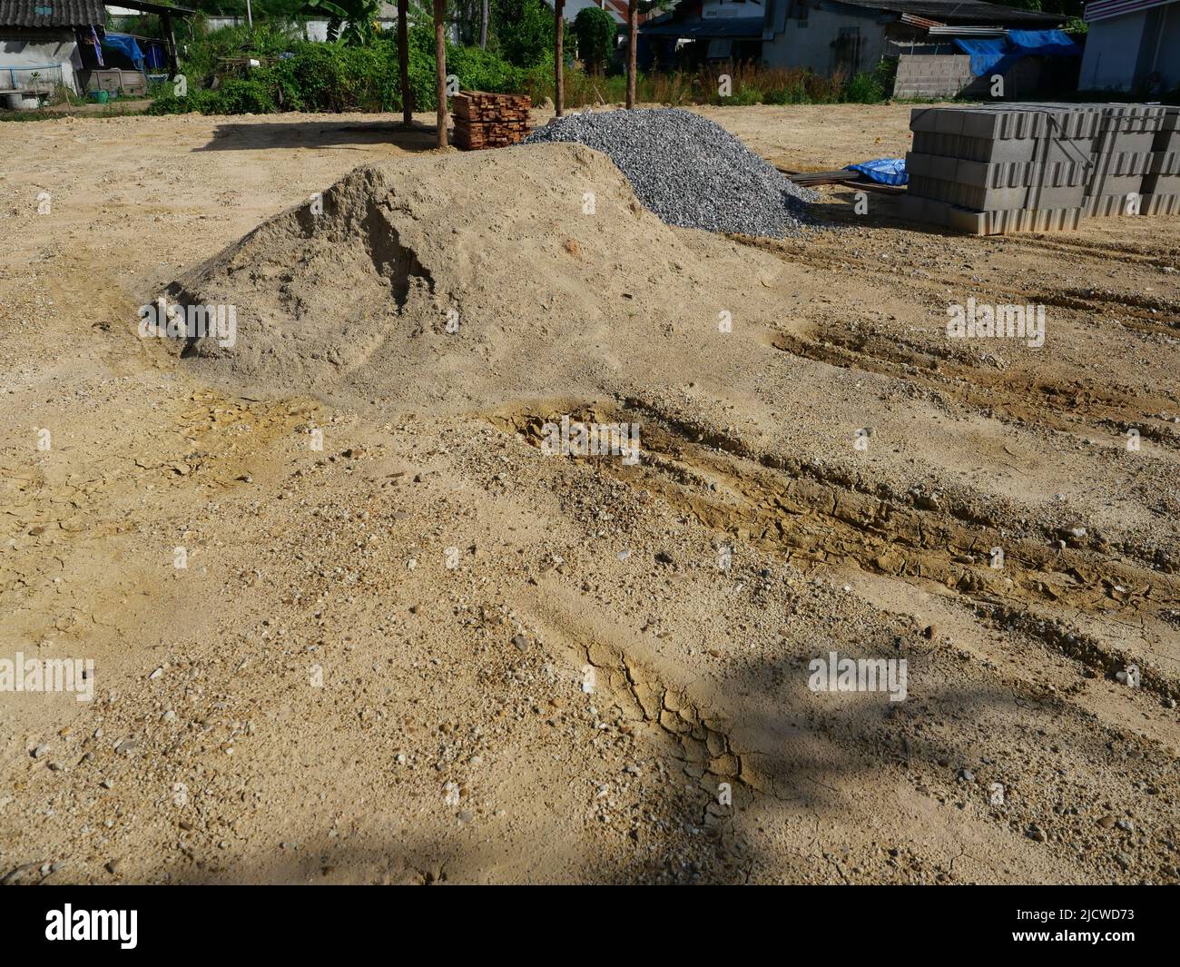 Pile of sand and gravel material with white brick and goup of Isometric ...