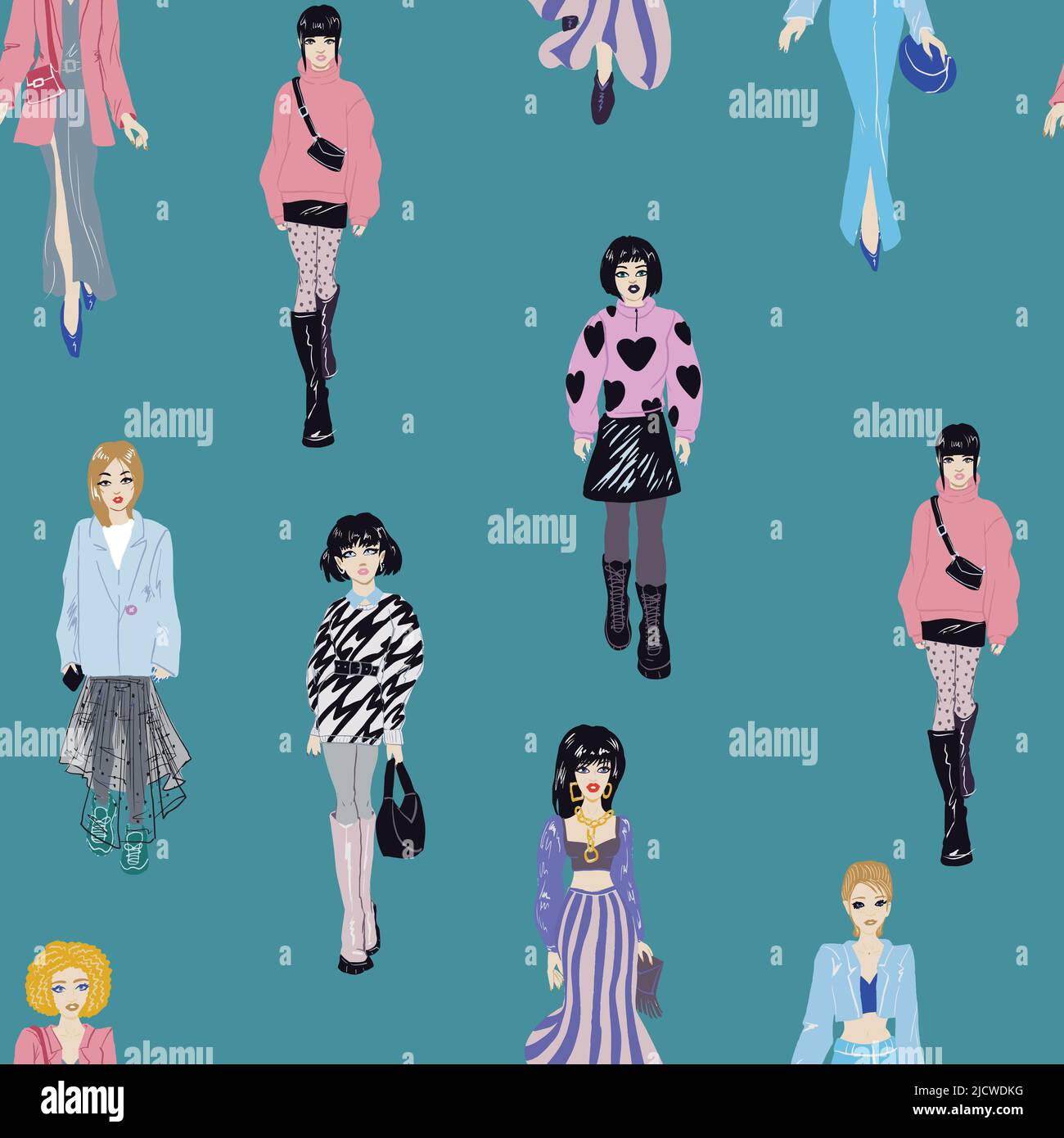 Seamless pattern. Women in trendy clothes. Fashion illustration Stock ...