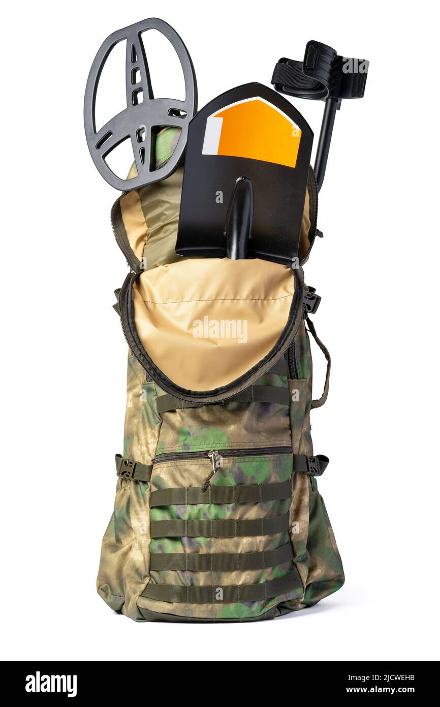 Open military backpack of khaki color on a white background Stock Photo - Alamy