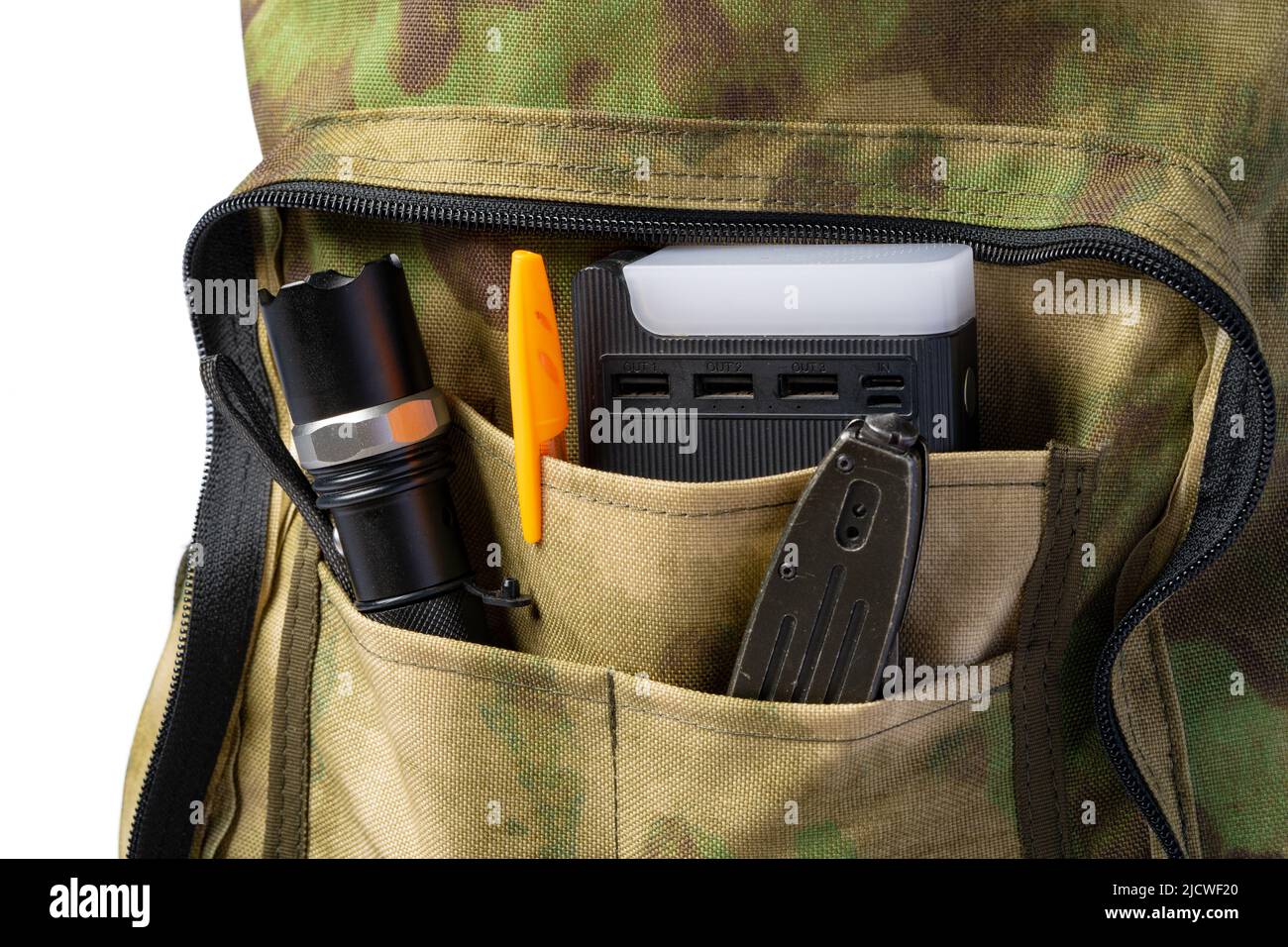Open military backpack of khaki color on a white background Stock Photo ...