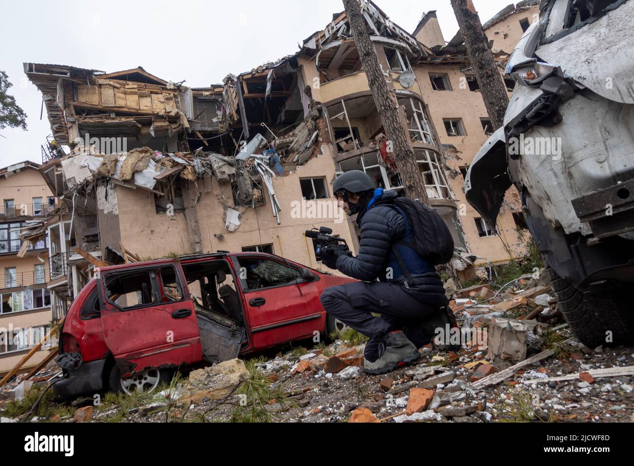IRPIN, UKRAINE 03 March. Israeli filmmaker Itai Anghel wearing a helmet ...