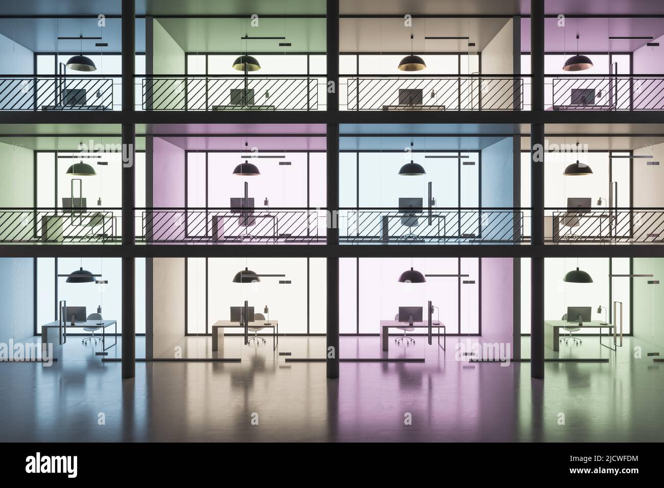 Front view on multi-storey office parlors with comfortable work places ...