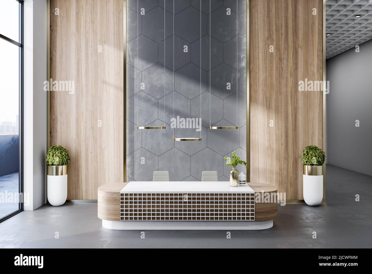 Modern sunny eco style reception area in business center with wooden ...