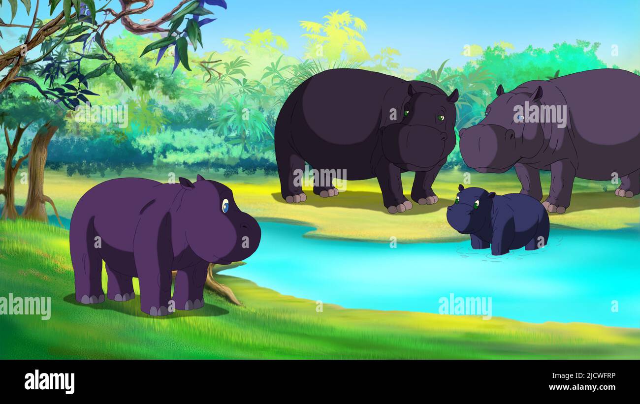 Little Hippo is Afraid of Water. Digital painting cartoon style full ...