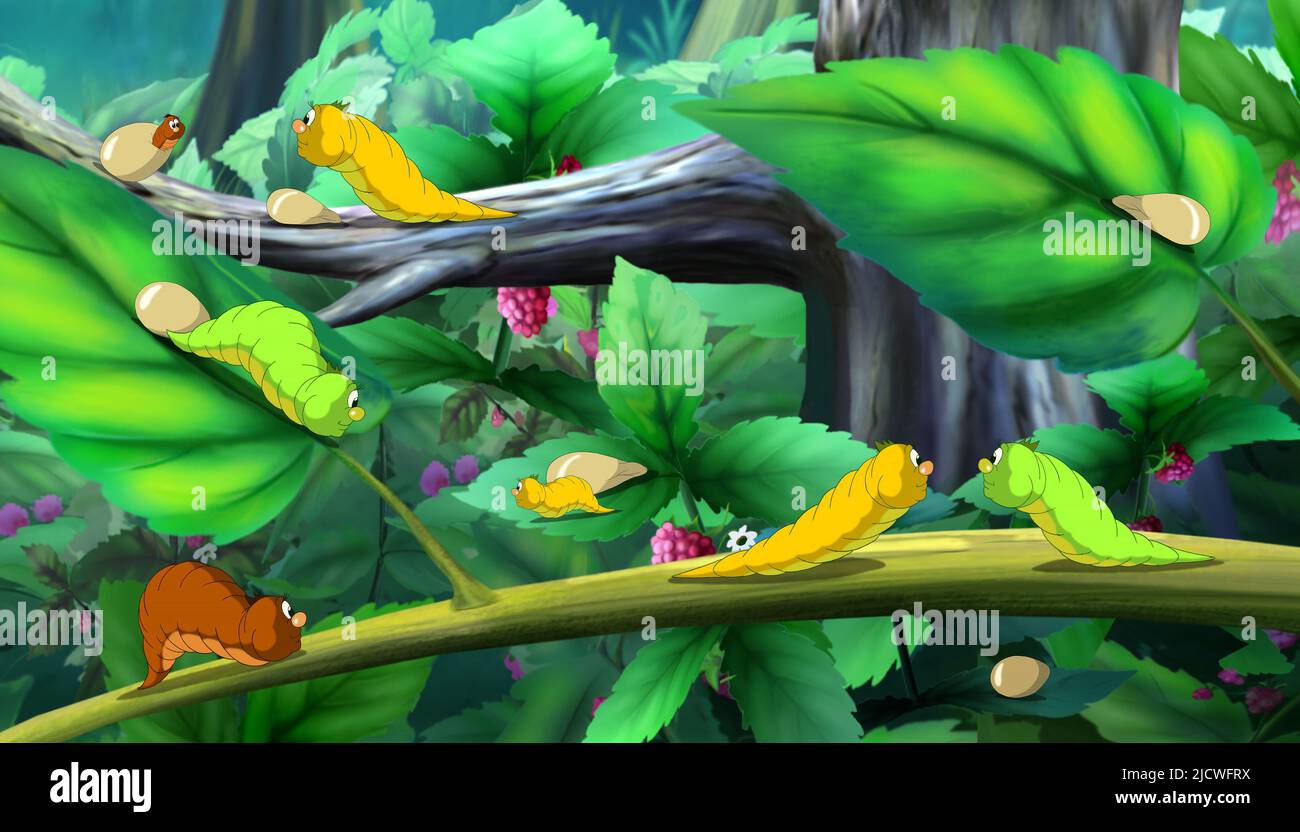 Beautiful Caterpillars Crawls on a Tree. Digital painting cartoon style ...
