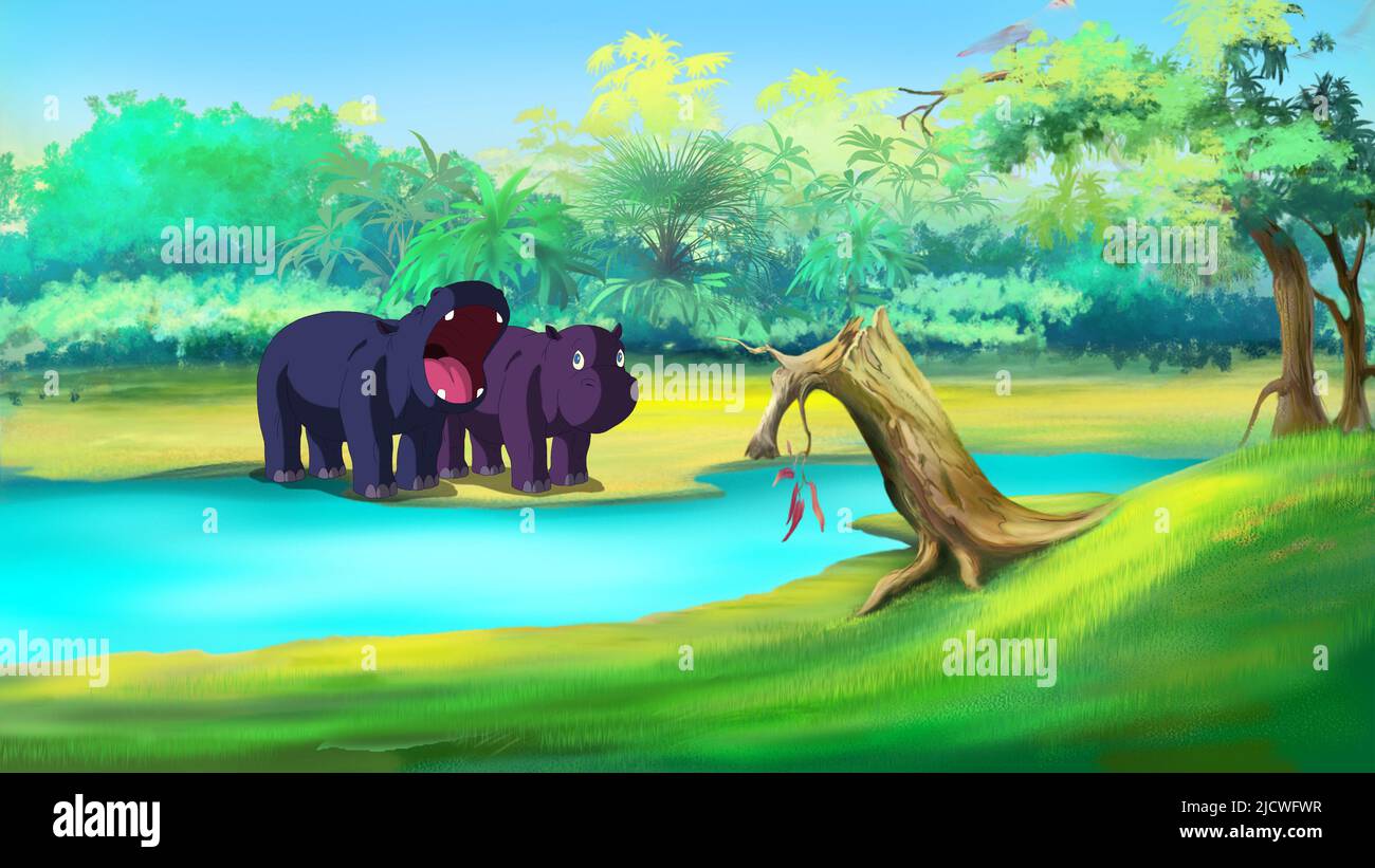 Two Little hippo go Swimming in the River in a sunny summer day ...