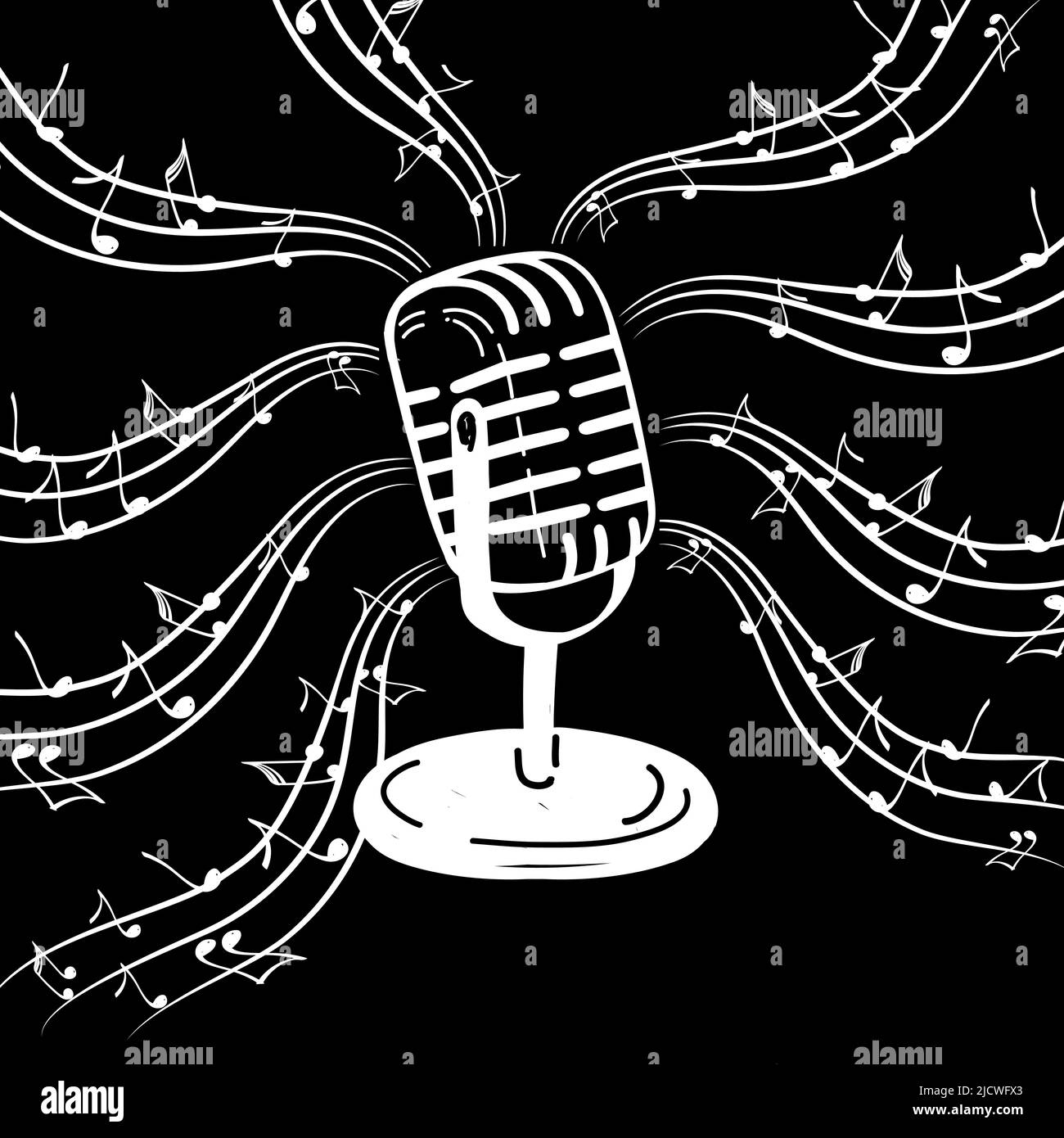 Microphone in doodle style. Silhouettes of microphone and notes vector ...