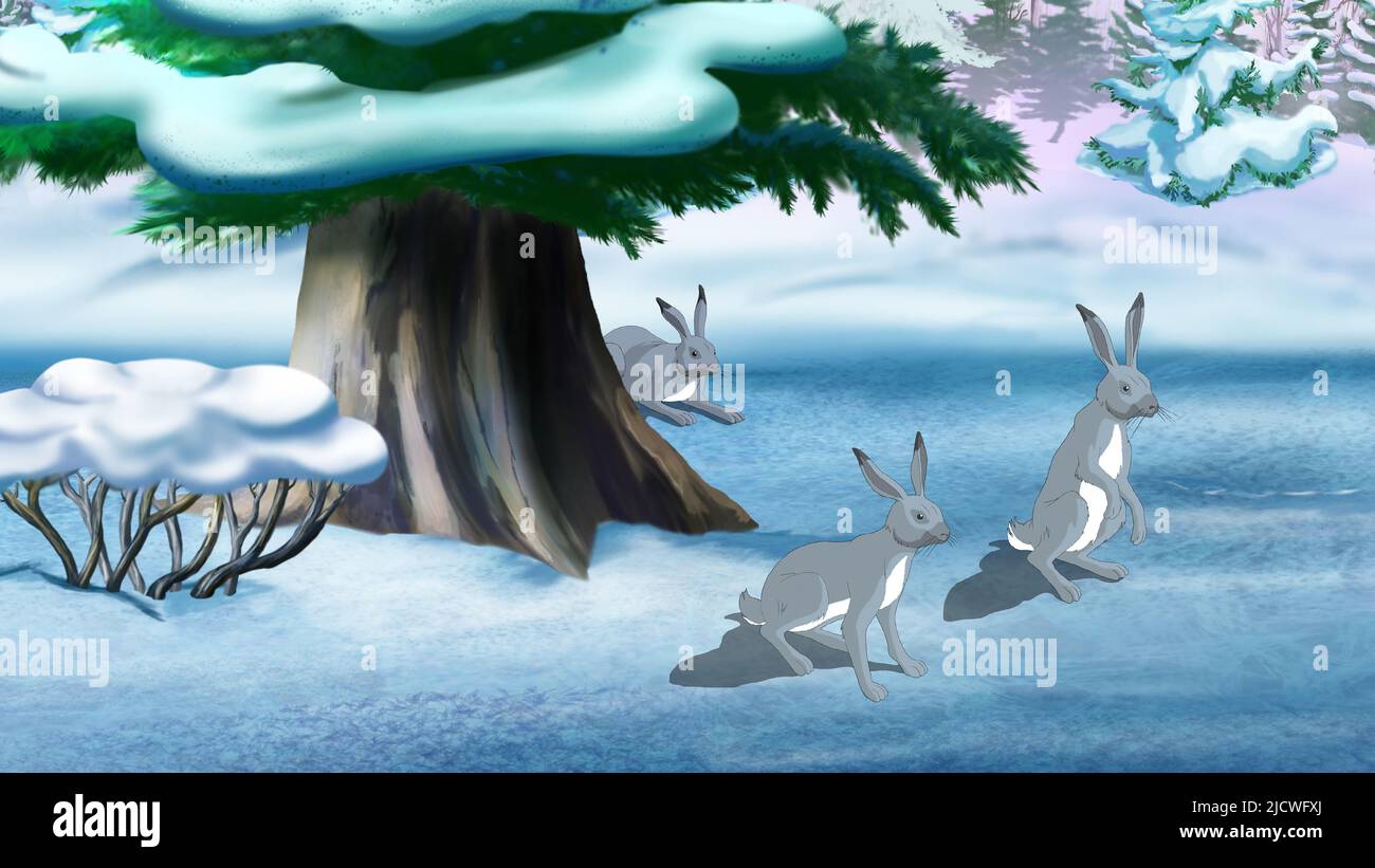 Gray rabbits in the winter forest. Digital painting cartoon style full ...