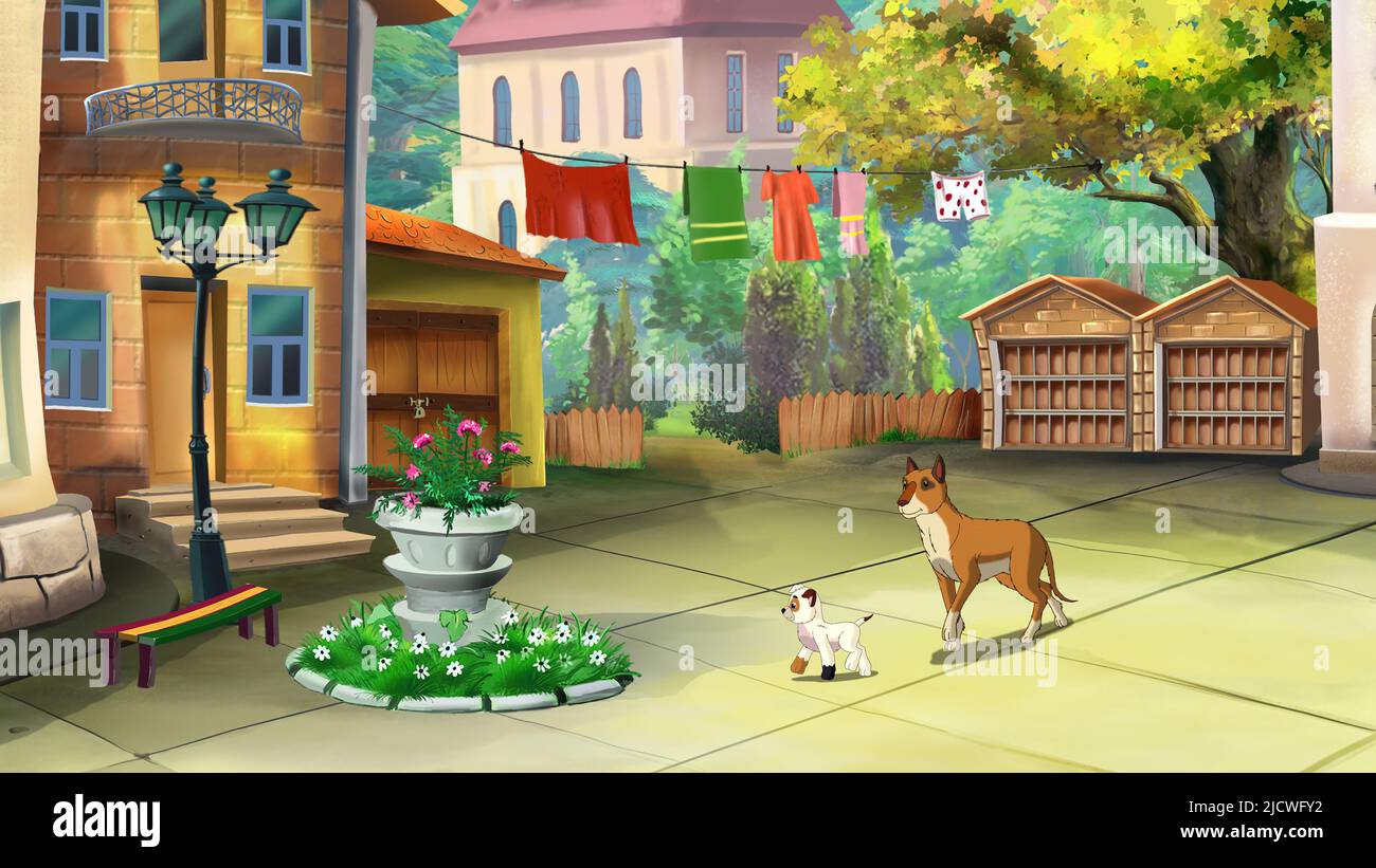 Big Yellow Dog Walks with puppy are walking in a courtyard in a summer ...