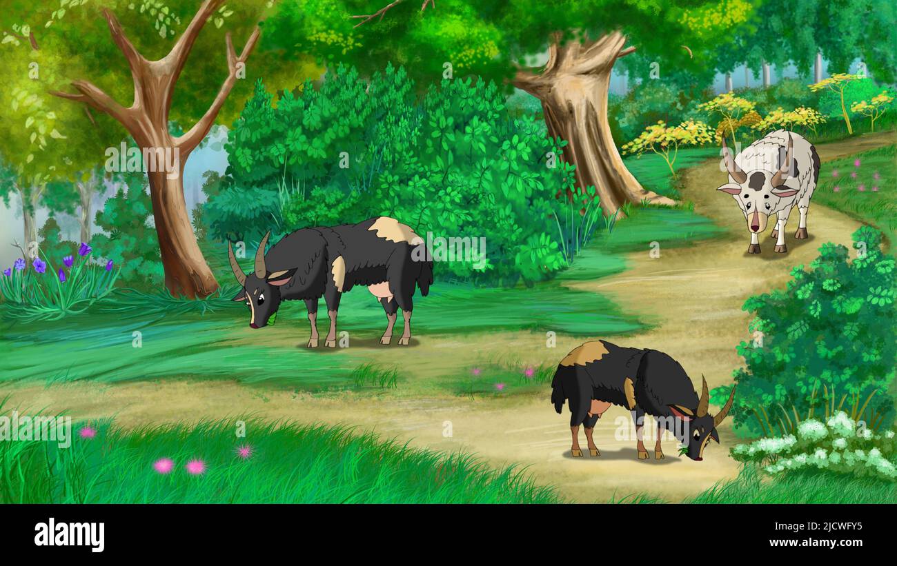 A pair of goats graze in the spring meadow. Digital drawing in cartoon ...
