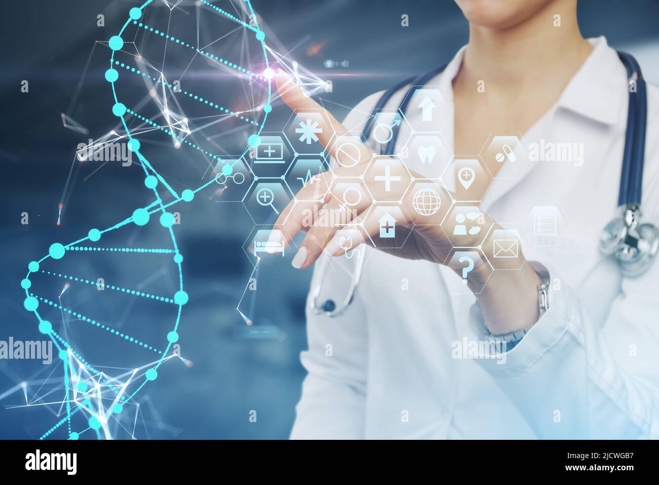 Digital medical examination with woman doctor with stethoscope touching ...