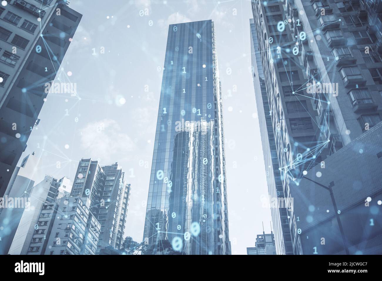 Internet of things and smart city concept with abstract digital binary ...