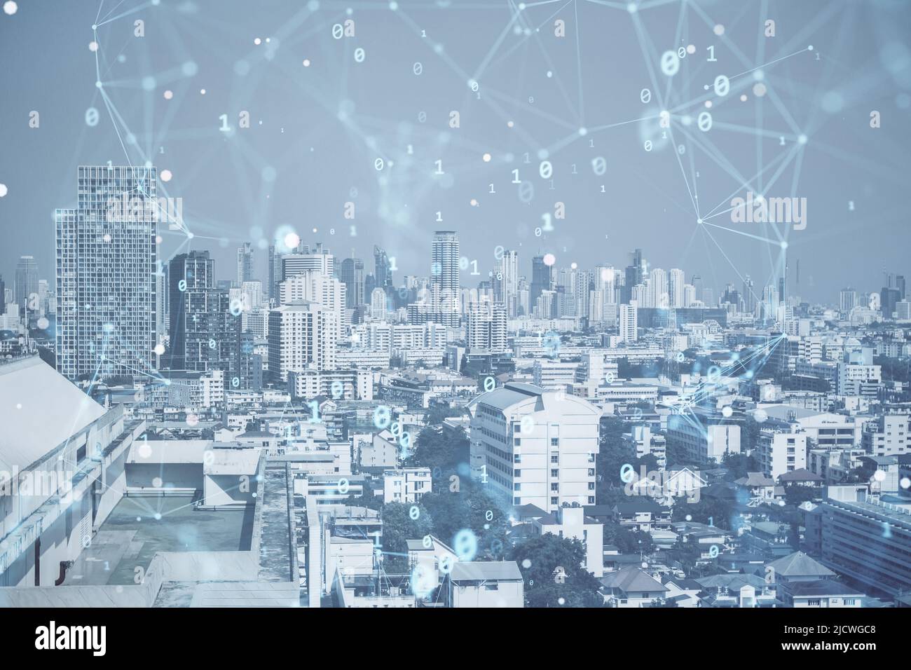 Smart city, urban and internet of things concept with digital binary code matrix background and ...