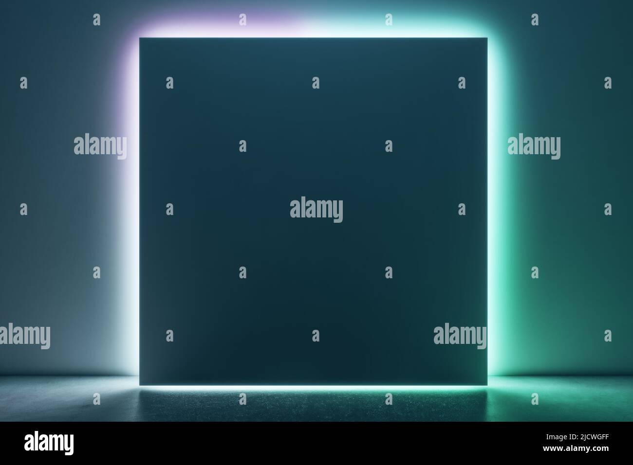 Blank black square partition illuminated by neon lights on dark ...