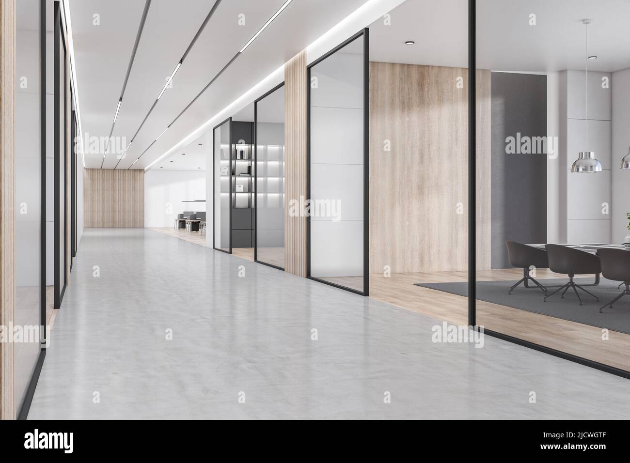 Side view on stylish spacious office hall with modern interior design ...