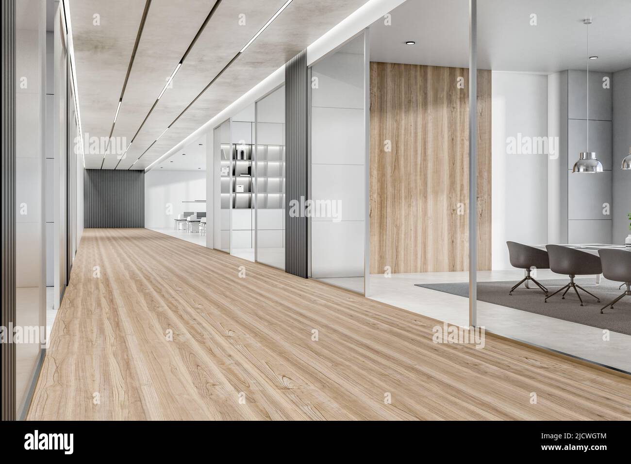 Side view on light spacious office hall with modern minimalistic ...