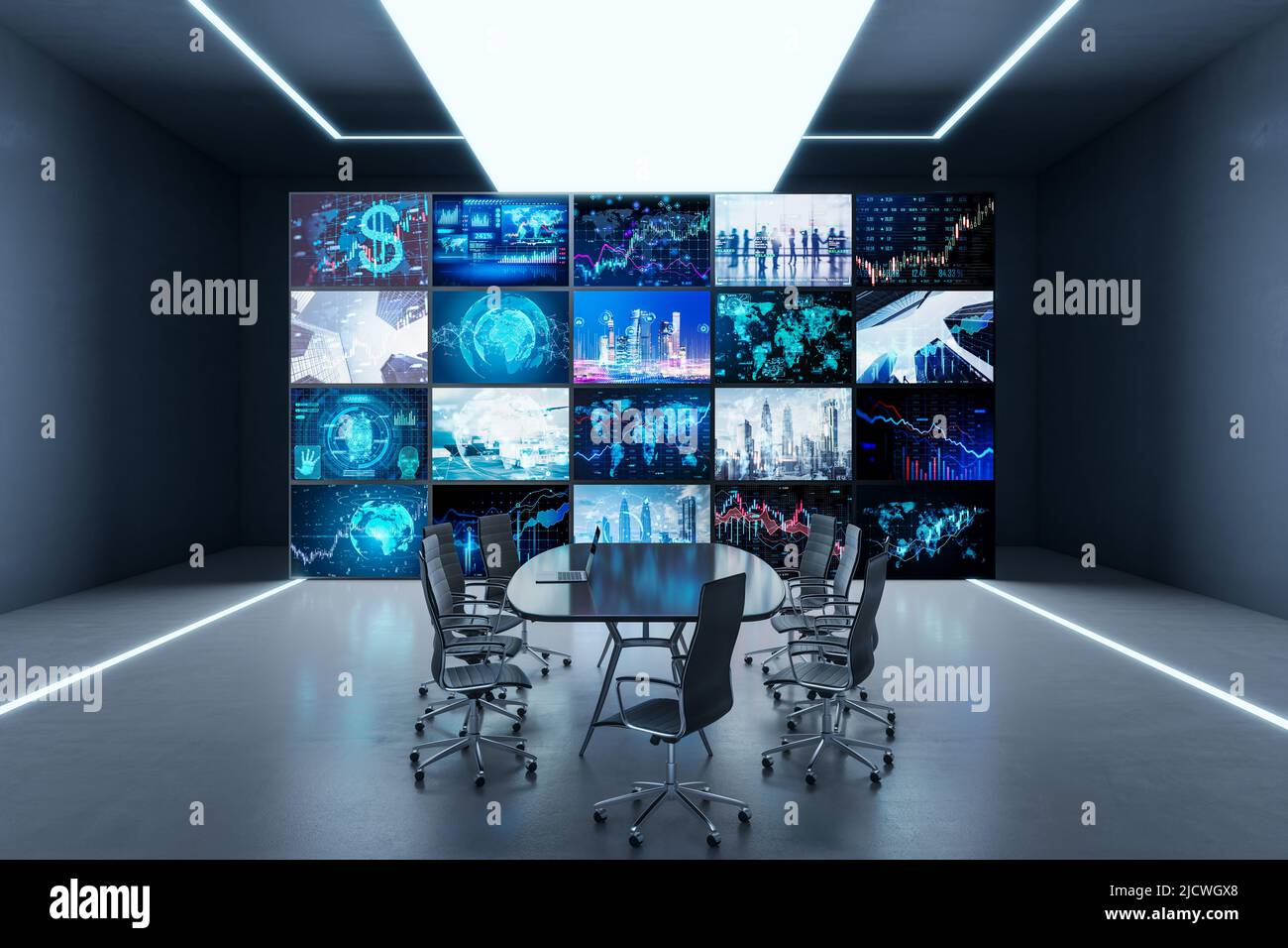 Conference room with black meeting table and chairs and lots of screens ...