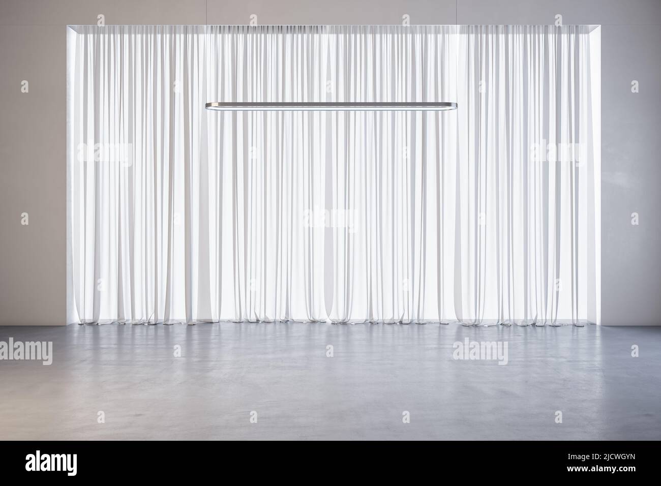 Front view on empty concrete floor with lamp hanging from top on white curtain background with ...