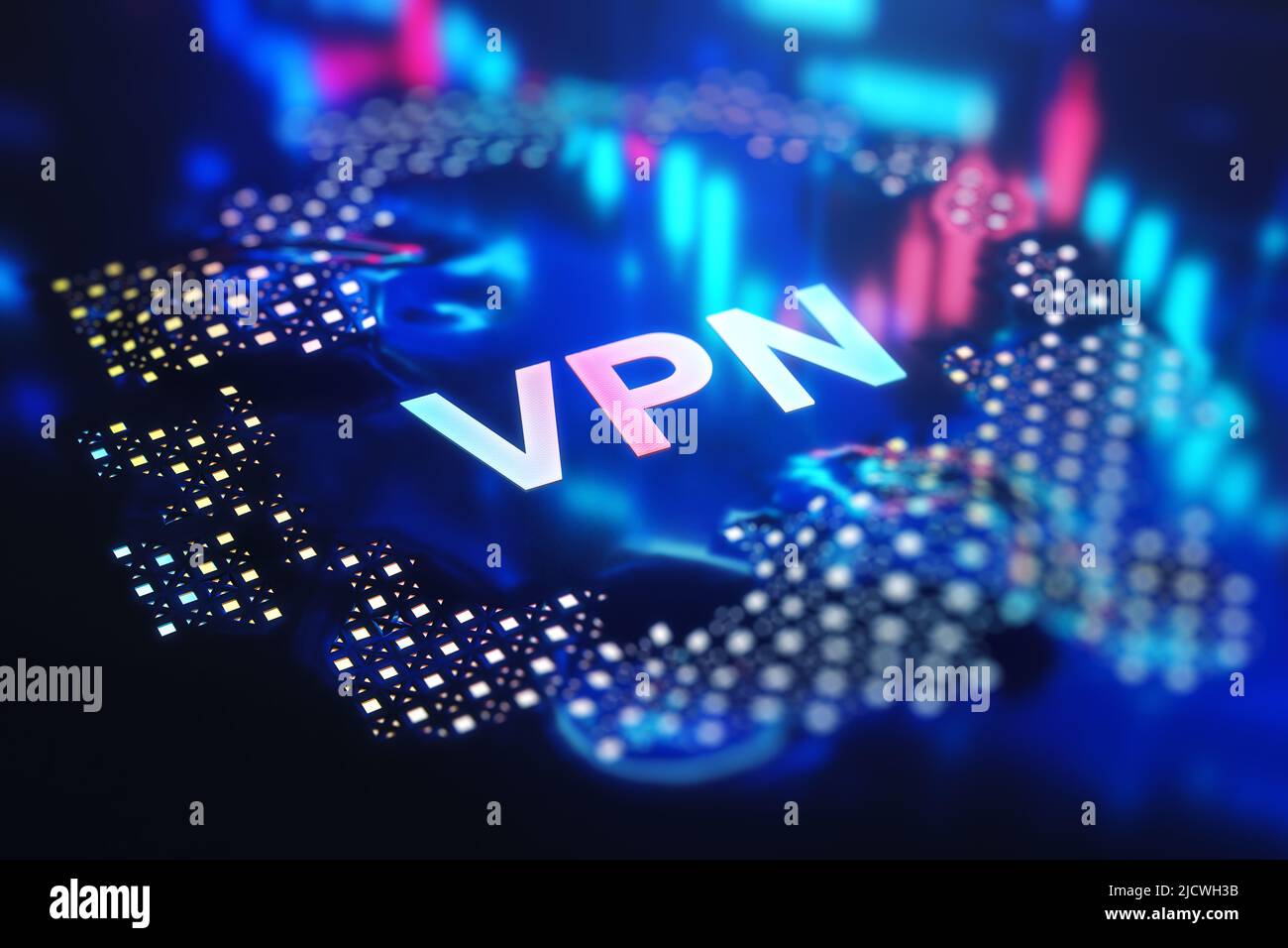 Virtual private network concept with VPN sign on abstract neon lights ...