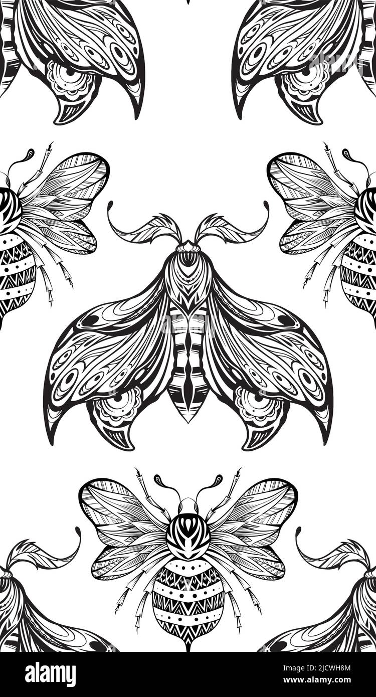 Seamless pattern with drawing bee and moth with boho decoration. Vector ...