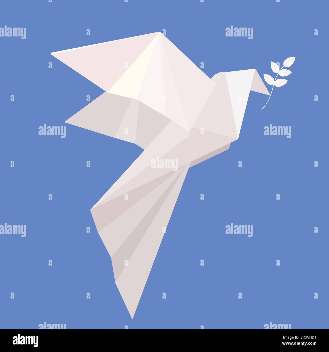 Vector white origami dove of peace with a branch on a blue background ...