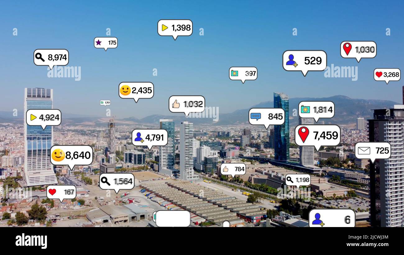 Social media icons fly over city downtown showing people engagement ...
