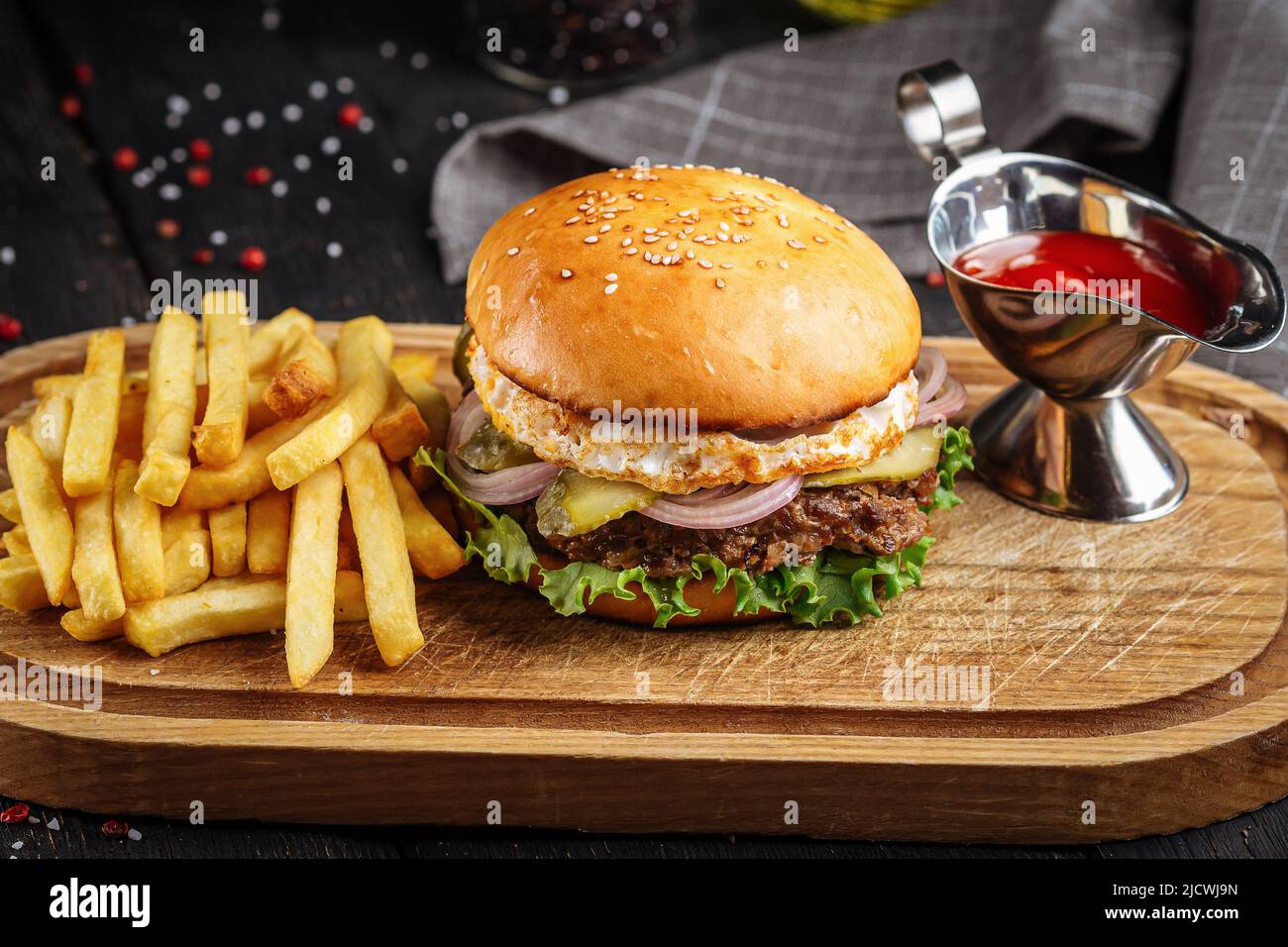 Portion of burger set with potato fries Stock Photo - Alamy