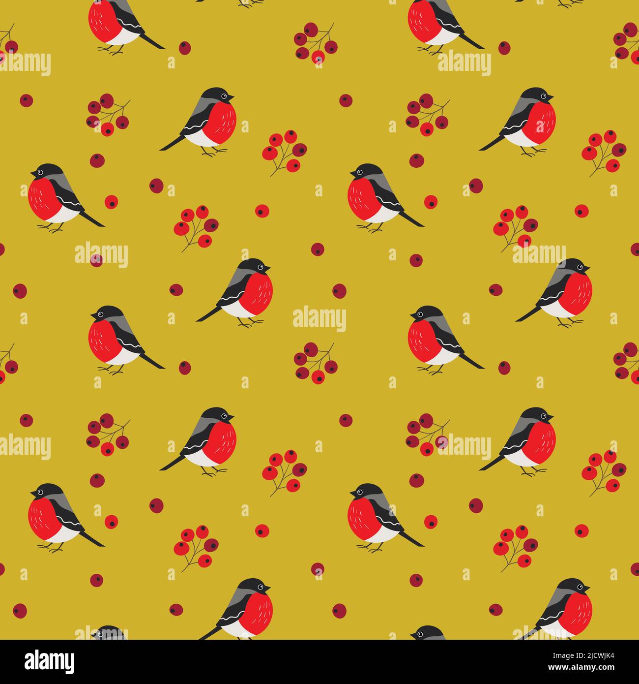 Seamless pattern with funny colorful bullfinch birds, flowers and ...