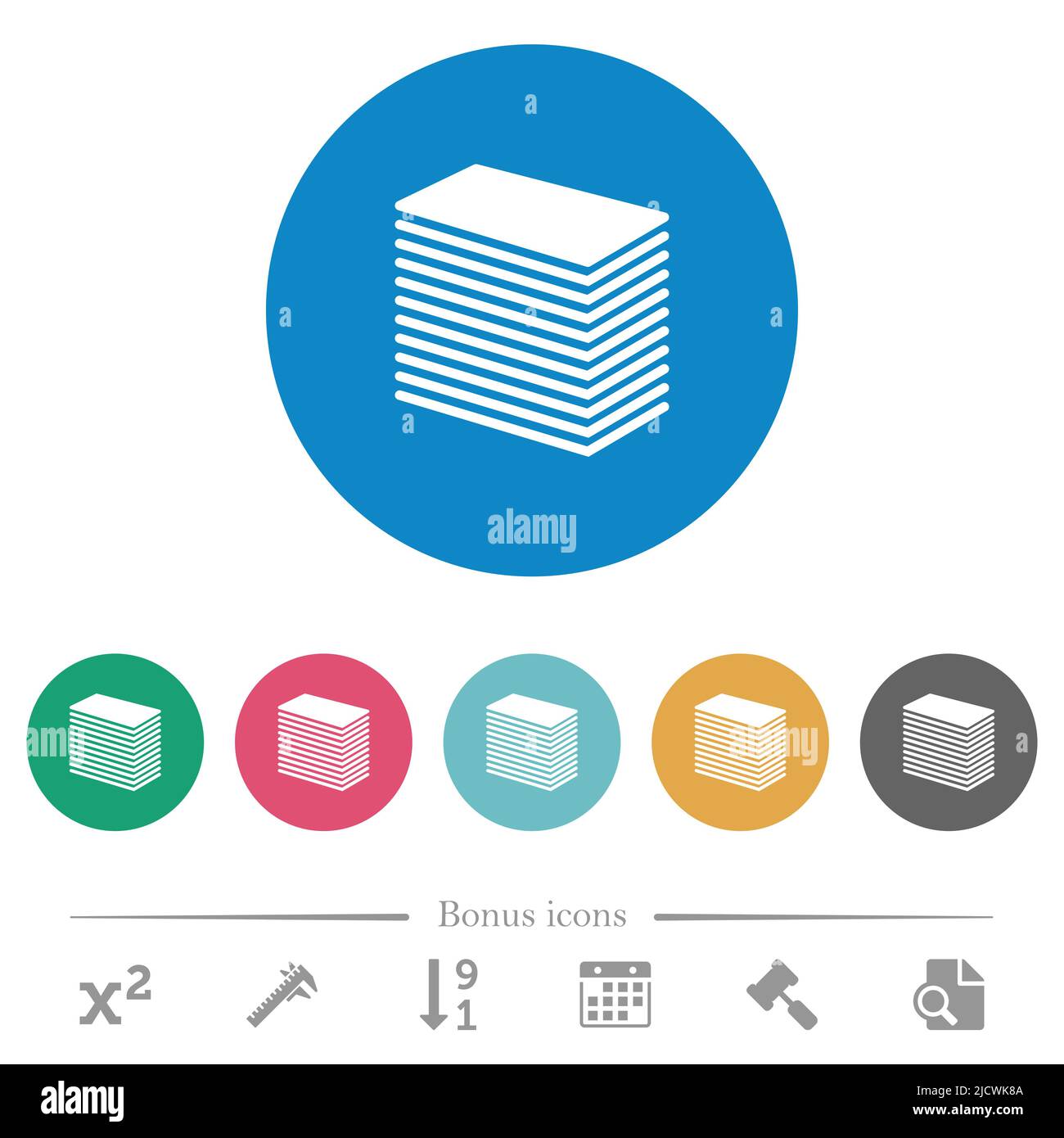 Paper stack solid flat white icons on round color backgrounds. 6 bonus ...