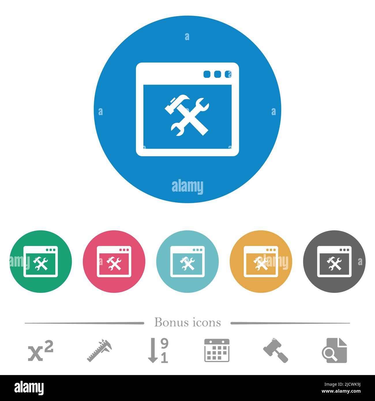 Application tools flat white icons on round color backgrounds. 6 bonus ...