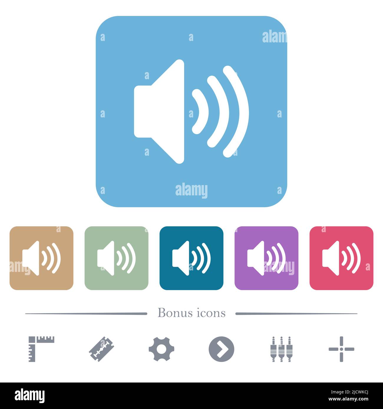 Volume solid white flat icons on color rounded square backgrounds. 6 bonus icons included Stock ...