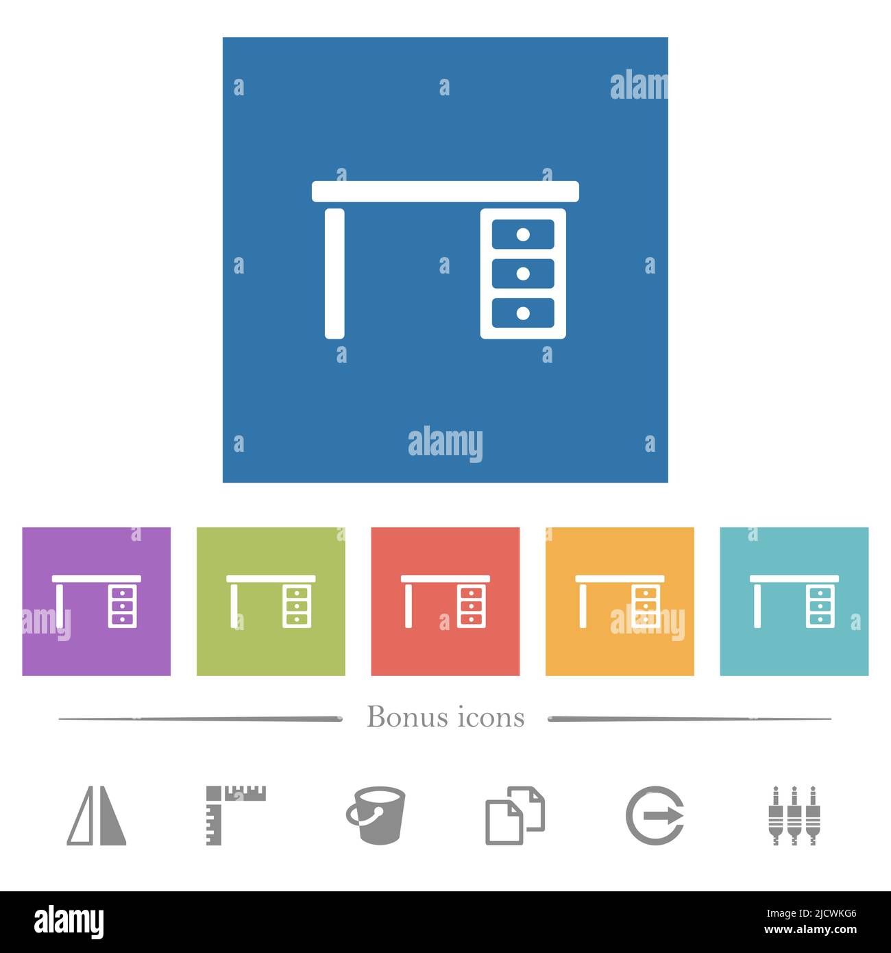 Drawer desk flat white icons in square backgrounds. 6 bonus icons ...