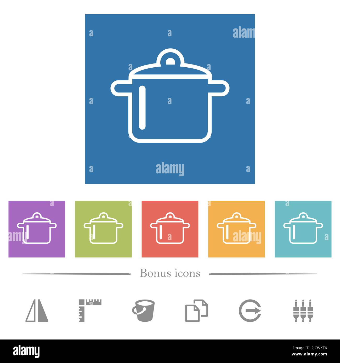 Cooking pot outline flat white icons in square backgrounds. 6 bonus ...