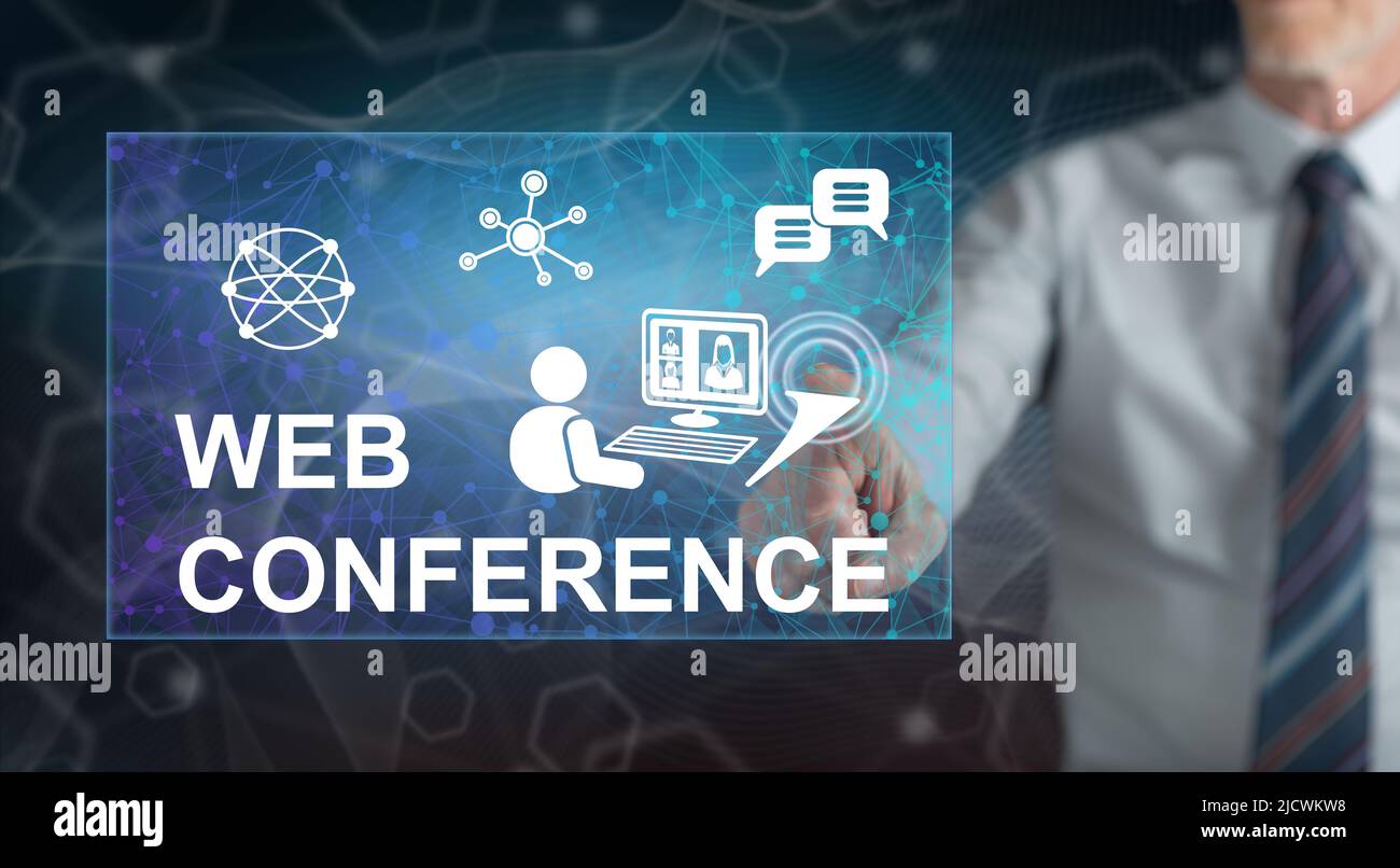 Man touching a web conference concept on a touch screen with his finger ...
