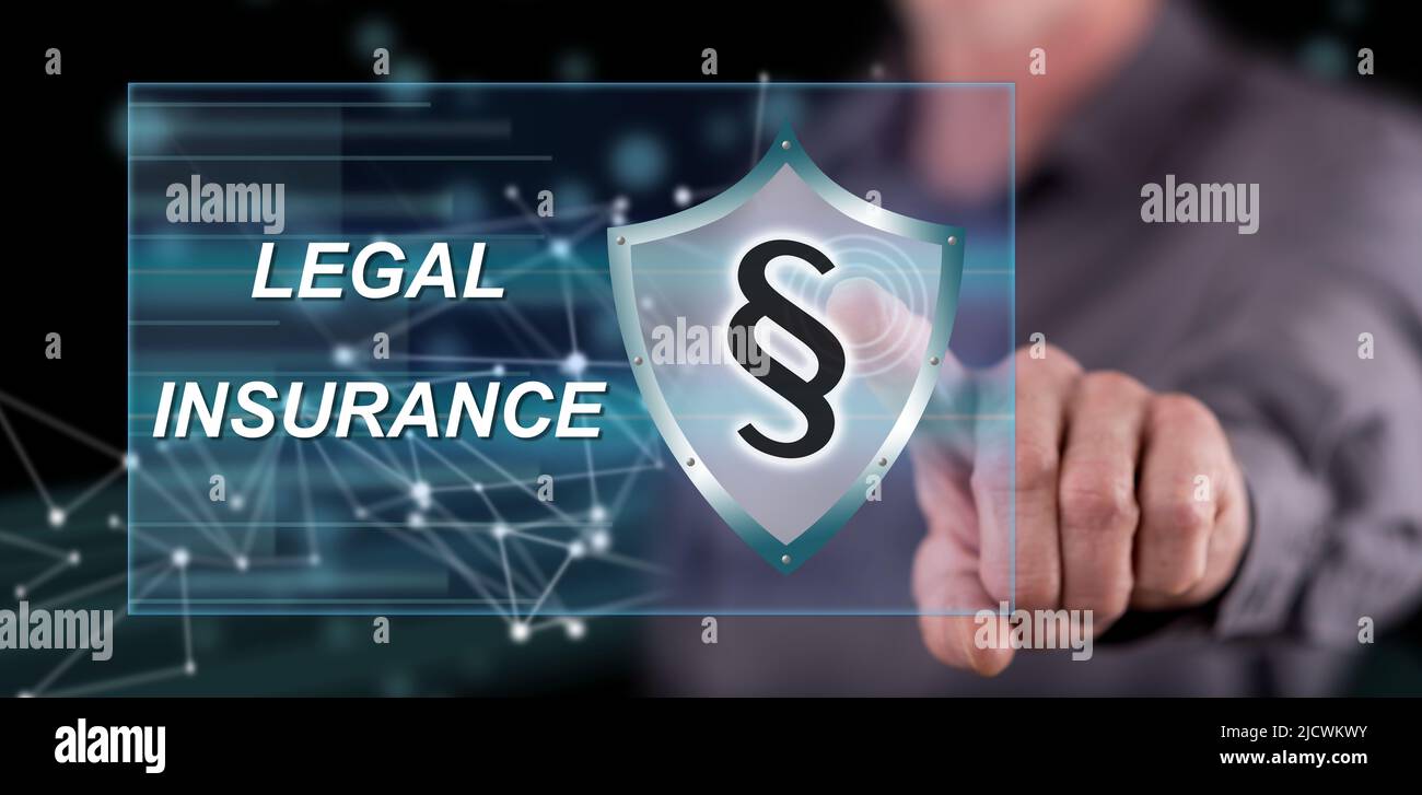 Man touching a legal insurance concept on a touch screen with his ...
