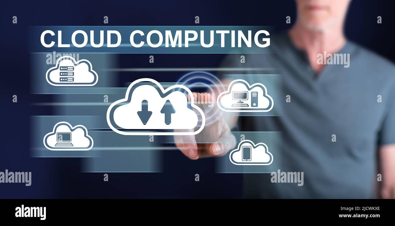 Man touching a cloud computing concept on a touch screen with his ...