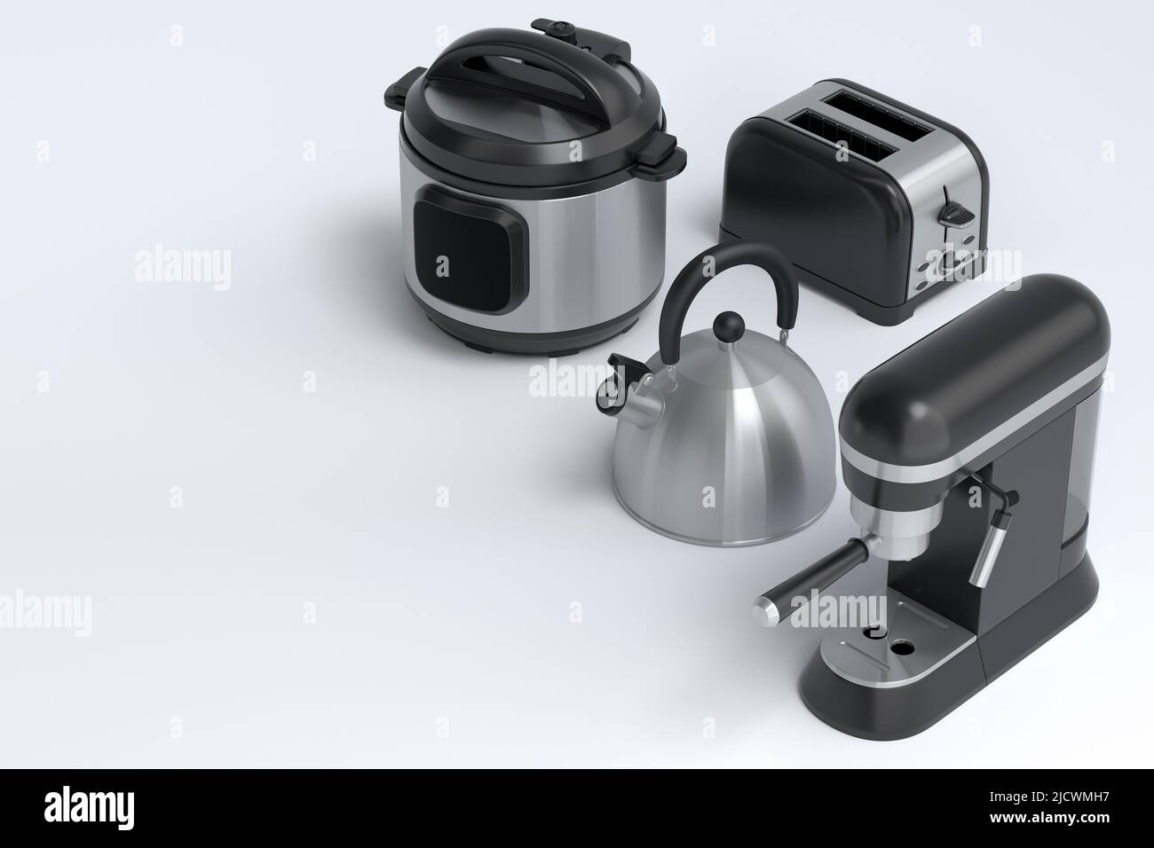 Kettle, toaster, coffee machine with horn and multicooker on white ...