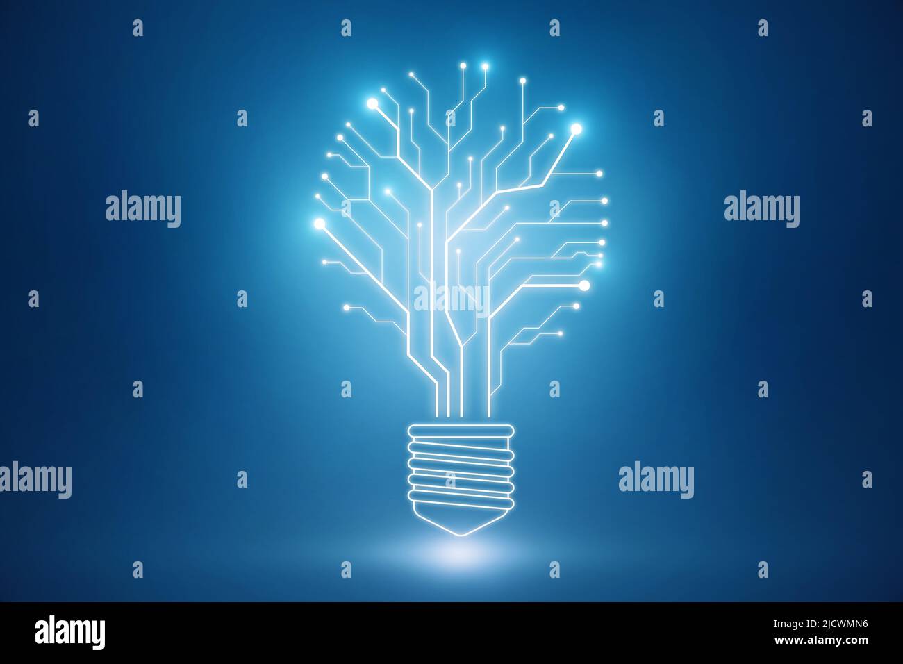 Technological startup and idea concept with glowing graphic light bulb ...