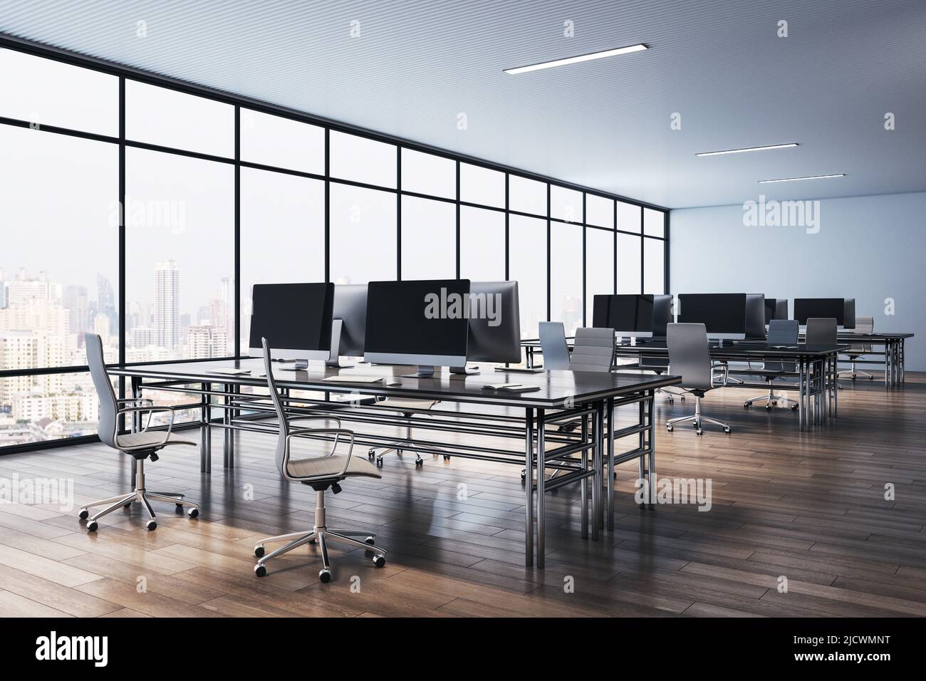 Perspective view on stylish minimalistic design workspaces with modern ...