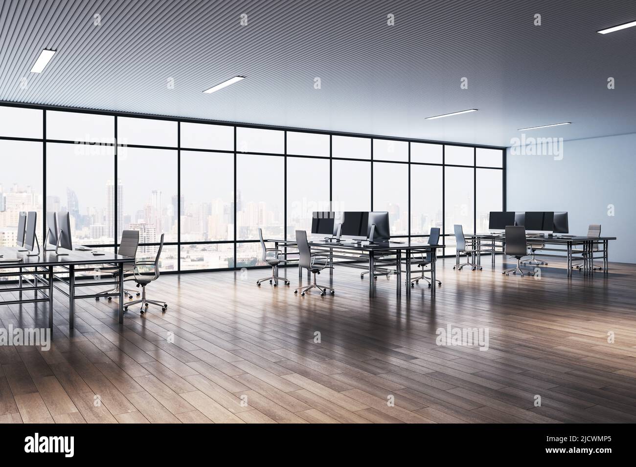 Perspective view on comfortable workspaces with modern computers in ...