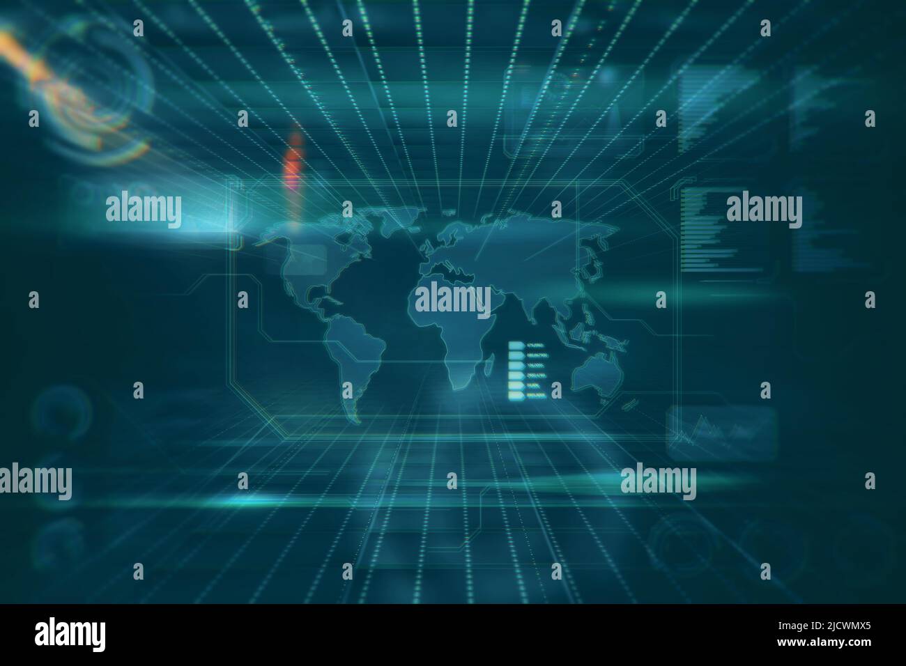 Abstract digital interface with world map, lines and indicators on ...