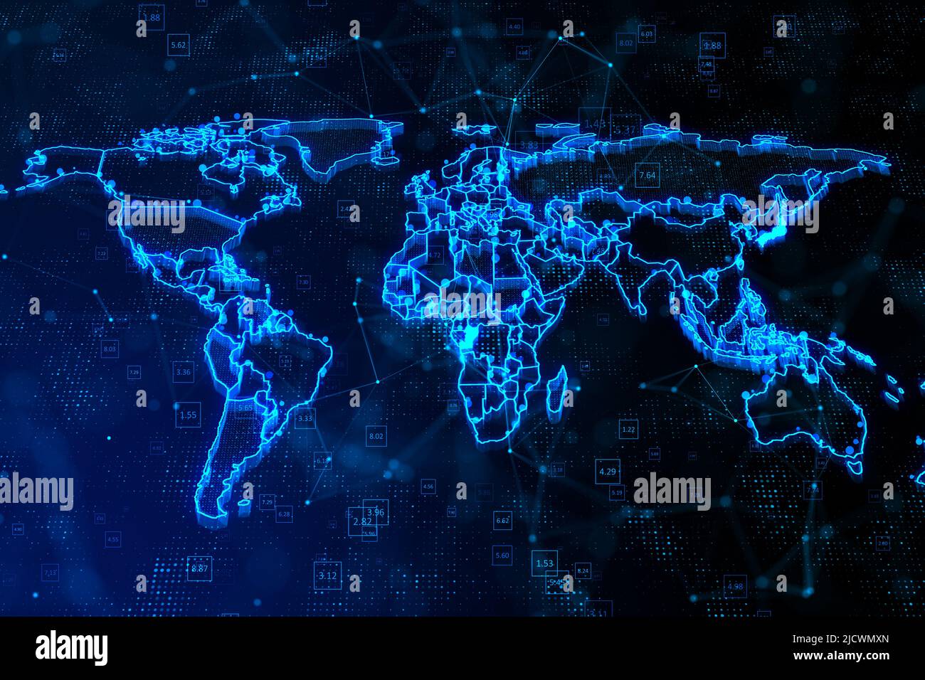Abstract digital graphic world map with glowing contour line on dark ...